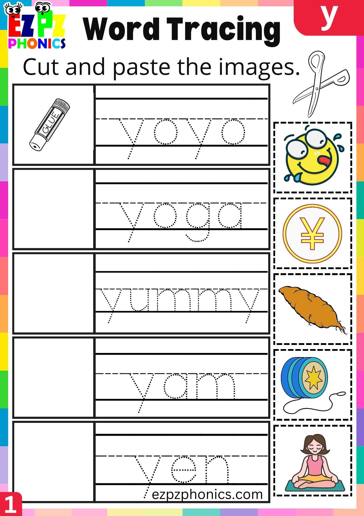 Letter Y Word Tracing Beginning Sounds Worksheet - ezpzphonics.com